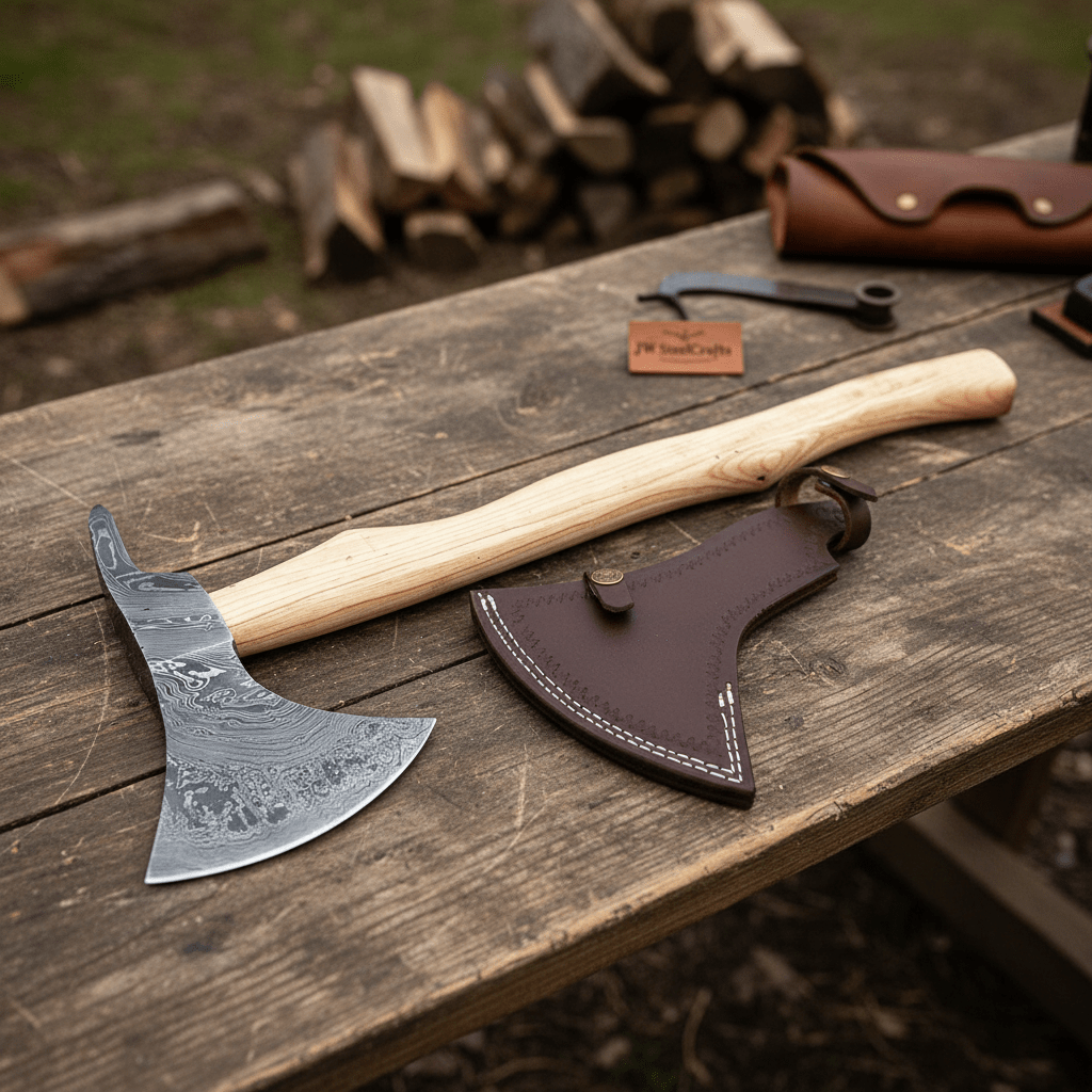 Damascus Bearded Spike Axe with Ash Wood Handle and Leather Sheath | JW ...